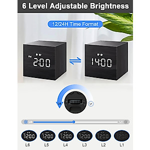 JALL Digital Alarm Clock, with Wooden Electronic LED Time Display, Dual Alarm, 2.5-inch Cubic Small Mini Wood Made Electric Clocks for Bedroom, Bedside, Desk, Black