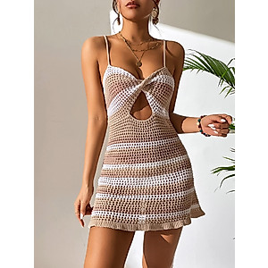 SOLY HUX Womens Bathing Suit Cover Ups Crochet Swimsuits Swimwear Striped Cut Out Summer Beach Cami Dress Brown and White Medium