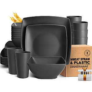 Teivio 32-Piece with flatware Kitchen Plastic Wheat Straw Square Dinnerware Set, Service for 8, Dinner Plates, Dessert Plate, Cereal Bowls, Cups, Unbreakable Plastic Outdoor Camping Dishes, Black