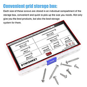DYWISHKEY 200 Pieces #8 x 3/8", 1/2", 5/8", 3/4", 1", 1-1/4", 1-1/2", 1-5/8" Stainless Steel 304 Phillips Pan Head Self-Tapping Screws, Wood Screws Assortment Kit