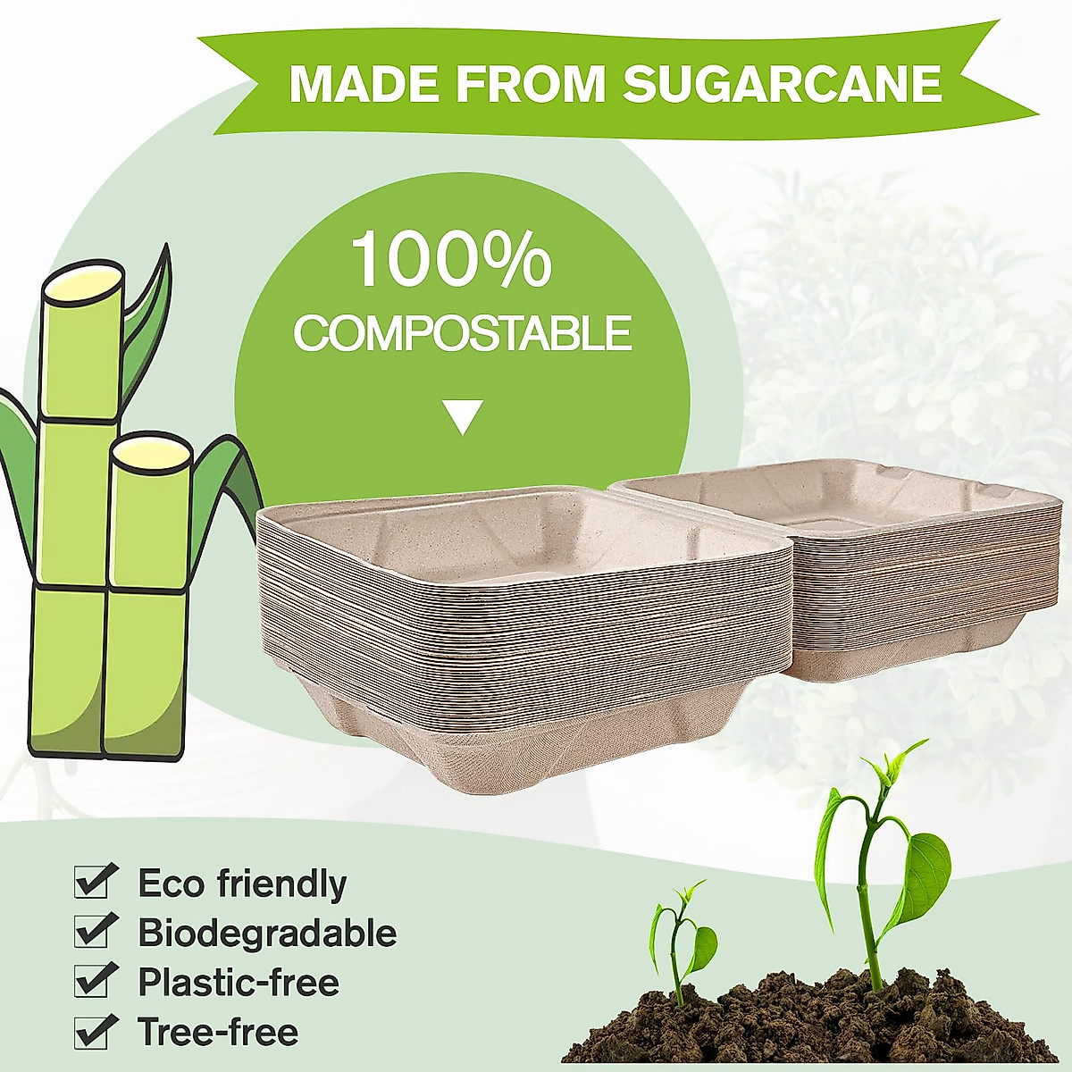 ECOLipak 50 Pack Clamshell To Go Containers, 100% Compostable Disposable Take Out Food Containers, 8X8 inch Heavy-Duty To Go Boxes, Eco-Friendly Biodegradable To Go Containers For Food
