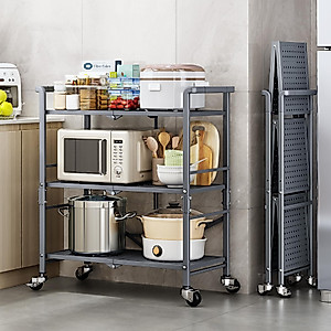 3 Tier Rolling Utility Cart - Metal Folding Cart with Wheels, Collapsible Service Cart Storage Shelf Rack for Kitchen, Office, Garage, Plant, Outdoor cart