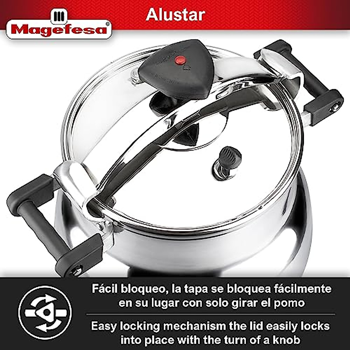 Magefesa® Alustar 23.2 Quart Pressure Cooker, recommended use for professionals, made of extra thick aluminum, express, has a Thermodiffusion bottom, 3 Security Systems