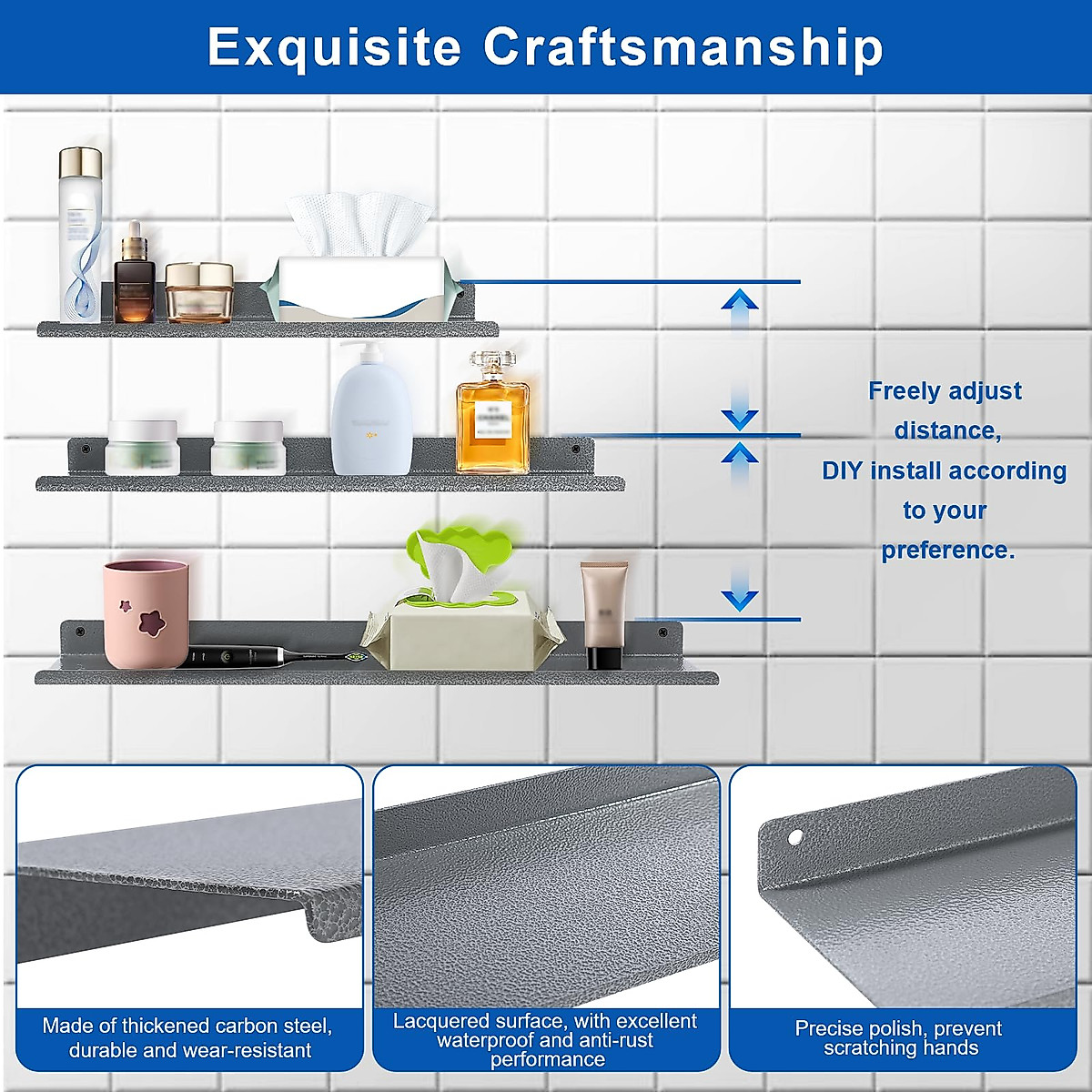 Uten Floating Shelves, Wall Mounted Iron Shelves Set of 3, Bathroom Storage Iron Shelves, Wall Hanging Organizer Decor Shelf for Bathroom, Kitchen, Bedroom, Living Room, Grey Textured