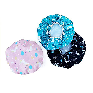 HOMESJUN Shower Cap, 3 Packs Waterproof Reusable Bath Caps for Women Hair, Double Layers Elastic Shower Hat Hair Protection