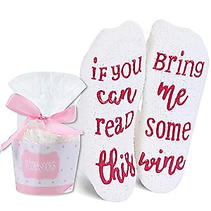 If You Can Read This Bring Me Some Wine Socks Wine Gifts for Women Girls Funny Novelty Fuzzy Socks Christmas Stocking Stuffer Slipper Socks Non Slip Home Hospital Socks, Blue