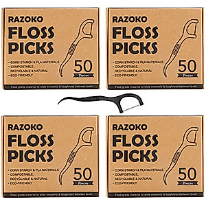 Natural Dental Floss Picks High Toughness Charcoal Toothpicks Sticks-Vegan,Eco-Friendly Sustainable Flossers for Teeth Cleaning (200 Count)