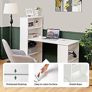 Giantex 48 Inch Computer Desk with Bookshelf, 3-in-1 Home Office Desk with 4-Tier Bookcase & CPU Stand, Space-Saving Reversible Writing Desk Work Table for Bedroom, Study Room, Office (White)