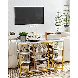 Teraves Modern Wine Rack Table, 47 Inch Wine Baker's Rack with Storage Shelves, 4 Tier Freestanding Wine Rack for Bar, Buffet, Home Kitchen Dining Room Living Room (White Marbling+ Gold Frame)