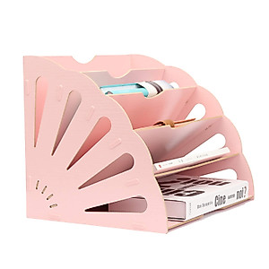File Folder Holder Wood Organizer 5 Compartment, File Sorter Wood Buckle Design Desktop Fan-Shaped Mail Letter Document Magazine File Assembly Divider DIY Office Tabletop Storage Box (Pink)