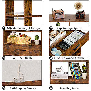 LELELINKY 6 Tier Open Bookshelf Mid Century Modern Bookcase, Wood Book Shelf with 8 Cubes and a Drawer, Floor Freestanding Bookshelves Cube Storage Organizer for Bedroom, Living Room, Office (Brown)