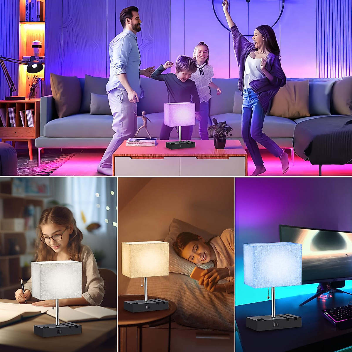 NEWREACH RGB Smart Table Lamp with Remote Control - Alexa Lamp for Bedroom with Voice & APP Control & Music Sync, Dimmable Nightstand Lamp with Charging Station for Living Room, Alexa Bulb Included