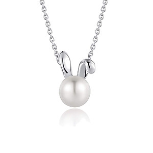 Easter Gift | Sterling Silver Freshwater Pearl Necklace Cute Small Rabbit Pendant Necklace Fine Jewelry for Women 16"+2" Extender