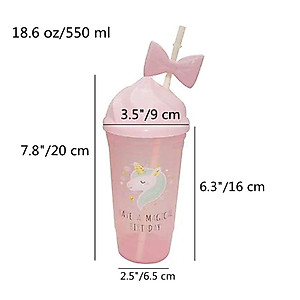 FEOOWV Unicorn Cups with Lids and Bowknot Straws, Plastic Cup for Iced Water Juice Milk Tea,Pack of 12pcs (Pink)