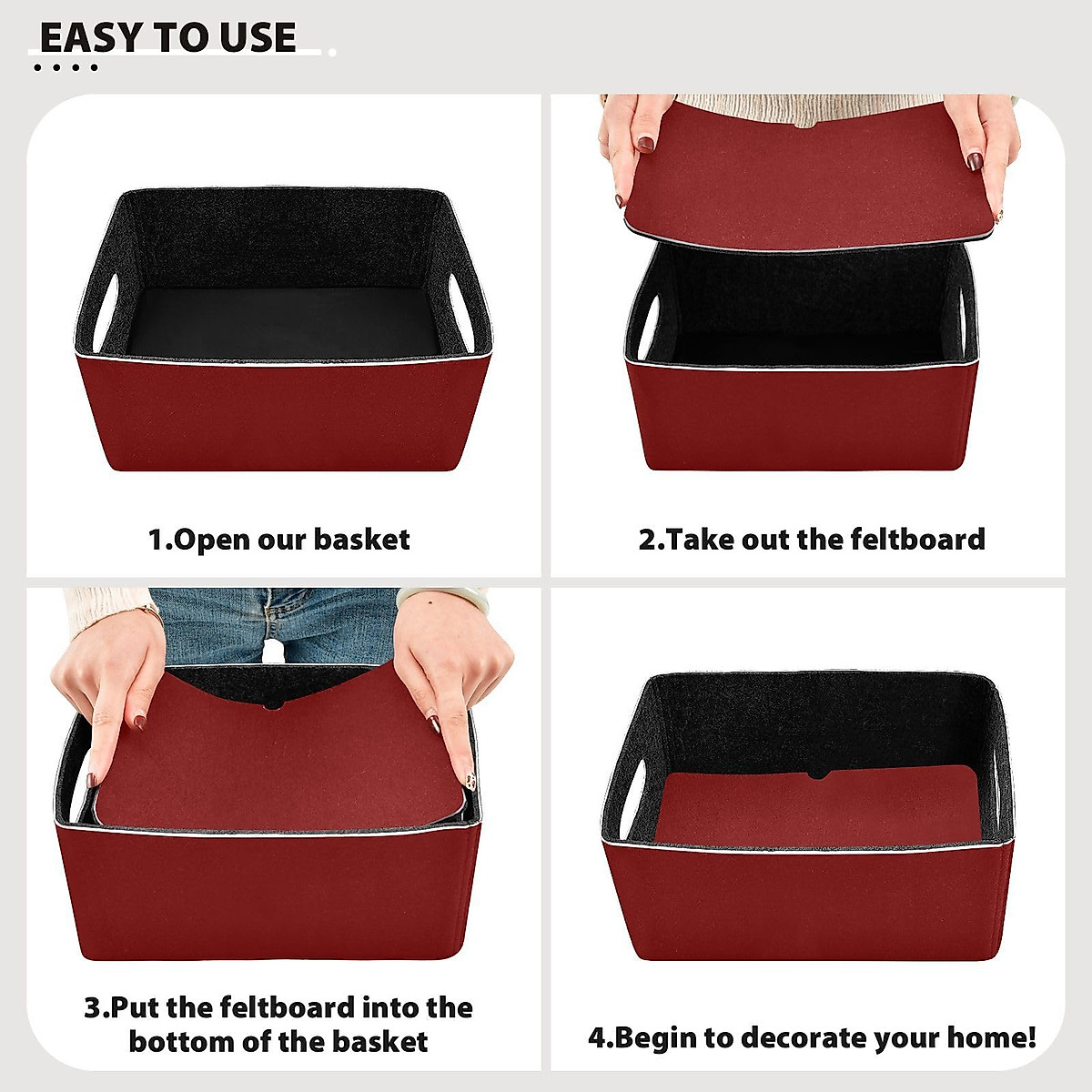 Maroon Foldable Basket Rectangular Storage Basket Sets Decorative Organizing Baskets for Shelves, 2-Pack