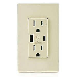 Leviton T5633-I 15-Amp Type A & Type-C USB Charger/Tamper Resistant Outlet, Not for Laptops, Ivory