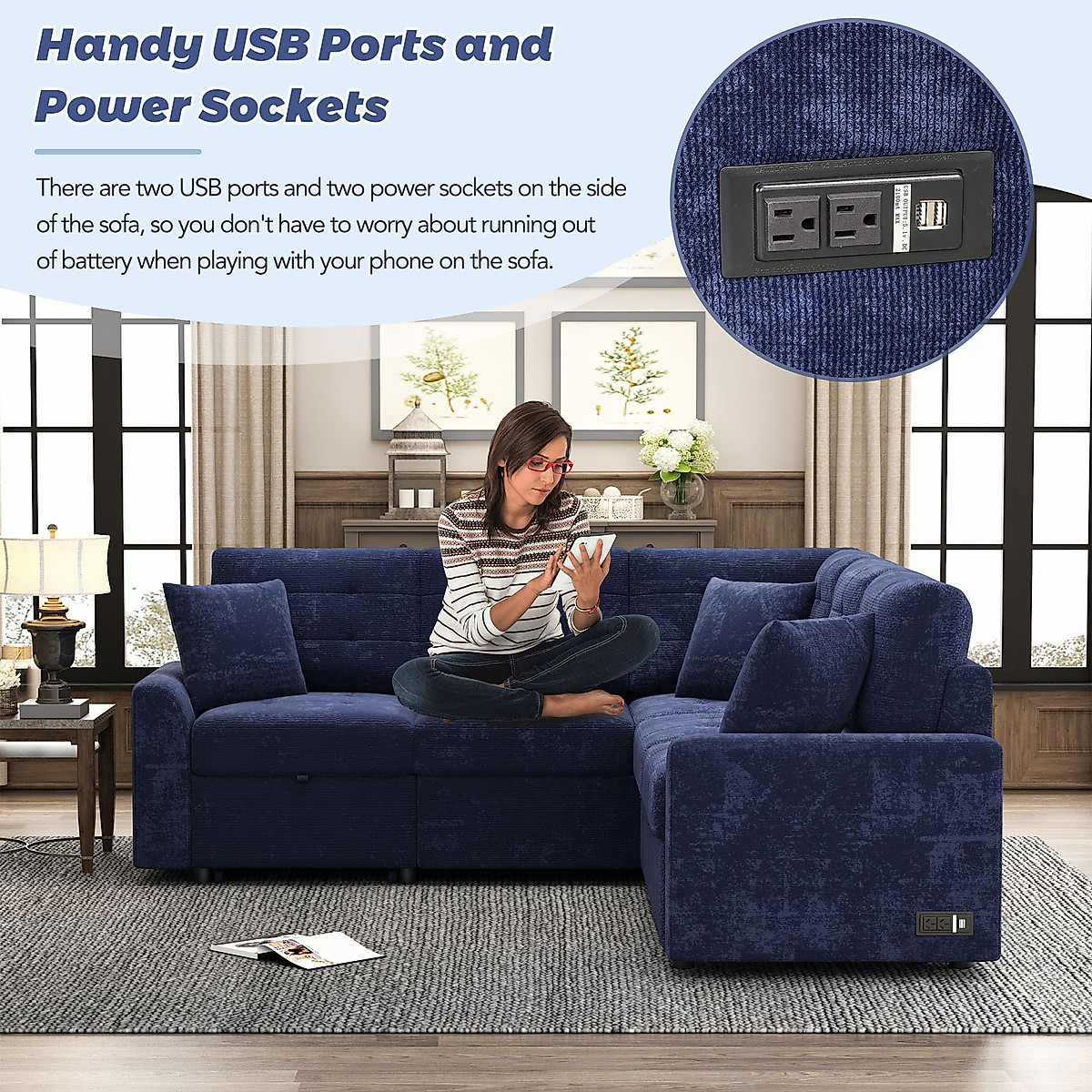 Pull Out Couch Sectional Sleeper Sofa Couch with Pull Out Bed Convertible Sofa Bed with USB Ports and Power Sockets L Shaped Couch for Living Room, Navy Blue