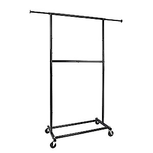 Fishat Simple Standard Double Rod Rolling Clothing Garment Rack for Hanging Clothes, Metal Clothes Organizer with Lockable Wheels (Black)
