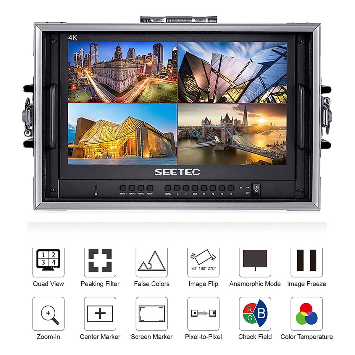 SEETEC ATEM156-CO 15.6” 4K HDMI Multiview Portable Carry-on Broadcast Director Monitor with 1920×1080 Pixels 4 HDMI Input Output Quad Split Display