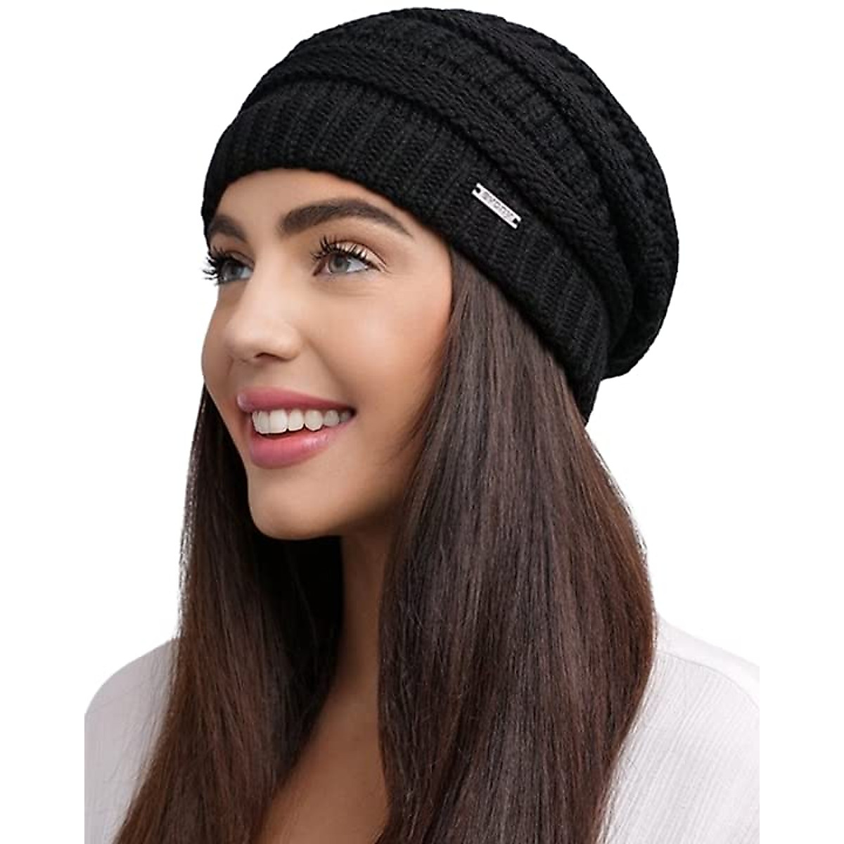 Women’s Soft Warm Stretchy Trendy Chunky Knit Beanie - Stylish Cable Knit Beanie Skully for Fall Winter Weather Black