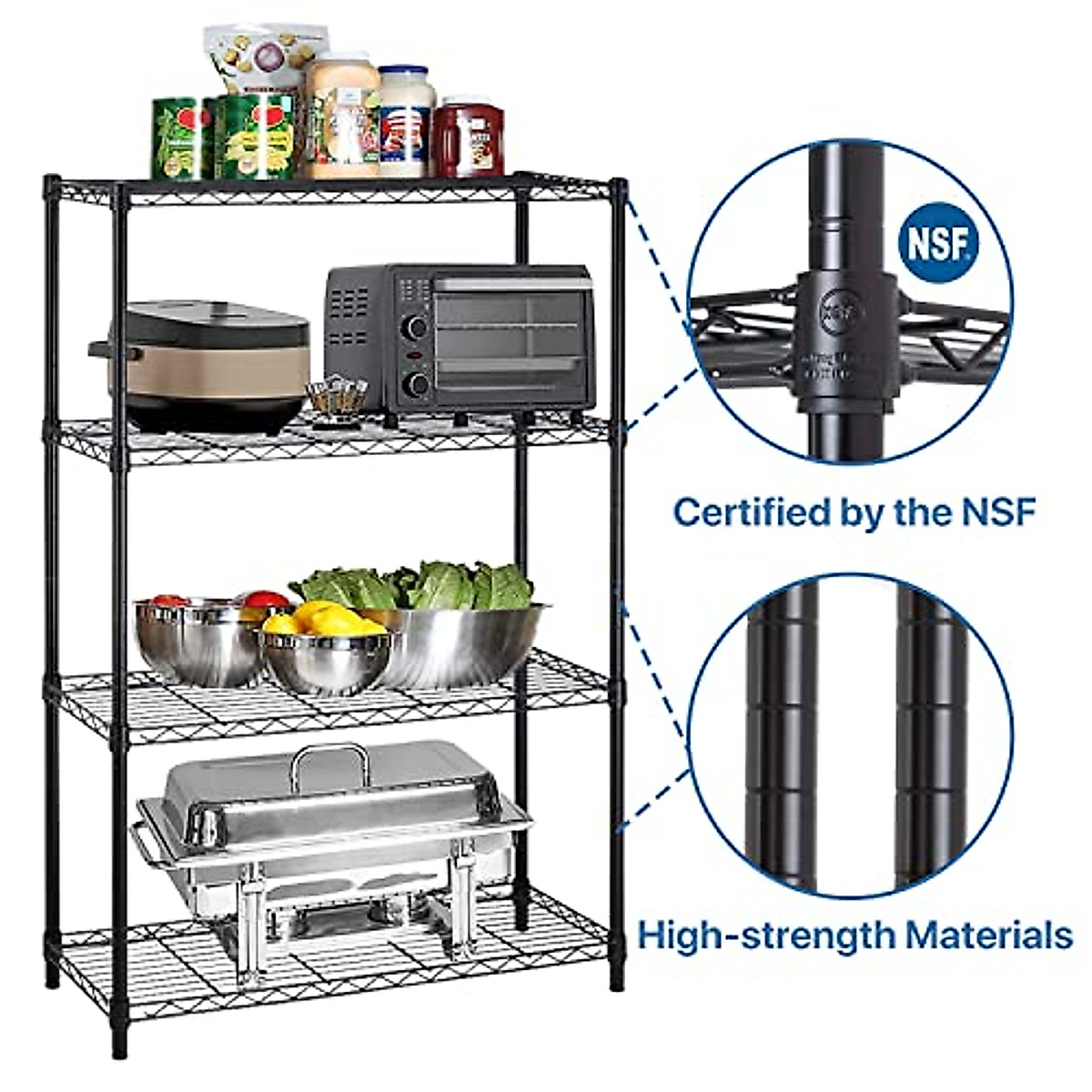 4 Tier Storage Shelves, Heavy Duty Metal Wire Storage Rack, 250LBS Per Capacity, Height Adjustable NSF Wire Shelving for Garage Kitchen Pantry (Black, 36" L x 14" W x 54" H)