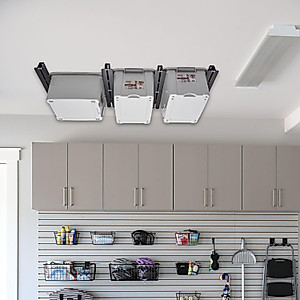 Wallmaster Overhead Storage Bin Rack for 3 Bins, Ceiling Garage Storage Bracket for Holding Gallon Tote, Heavy Duty Metal Storage Organization