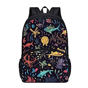 Novelty Kids Animal Illustration Style Sea Fish Backpack for Boys Girls Comfy Padded Back Lightweight Cute School Backpack Bag with Front Pocket Durable Student Personalized Bookbag Casual Daypack