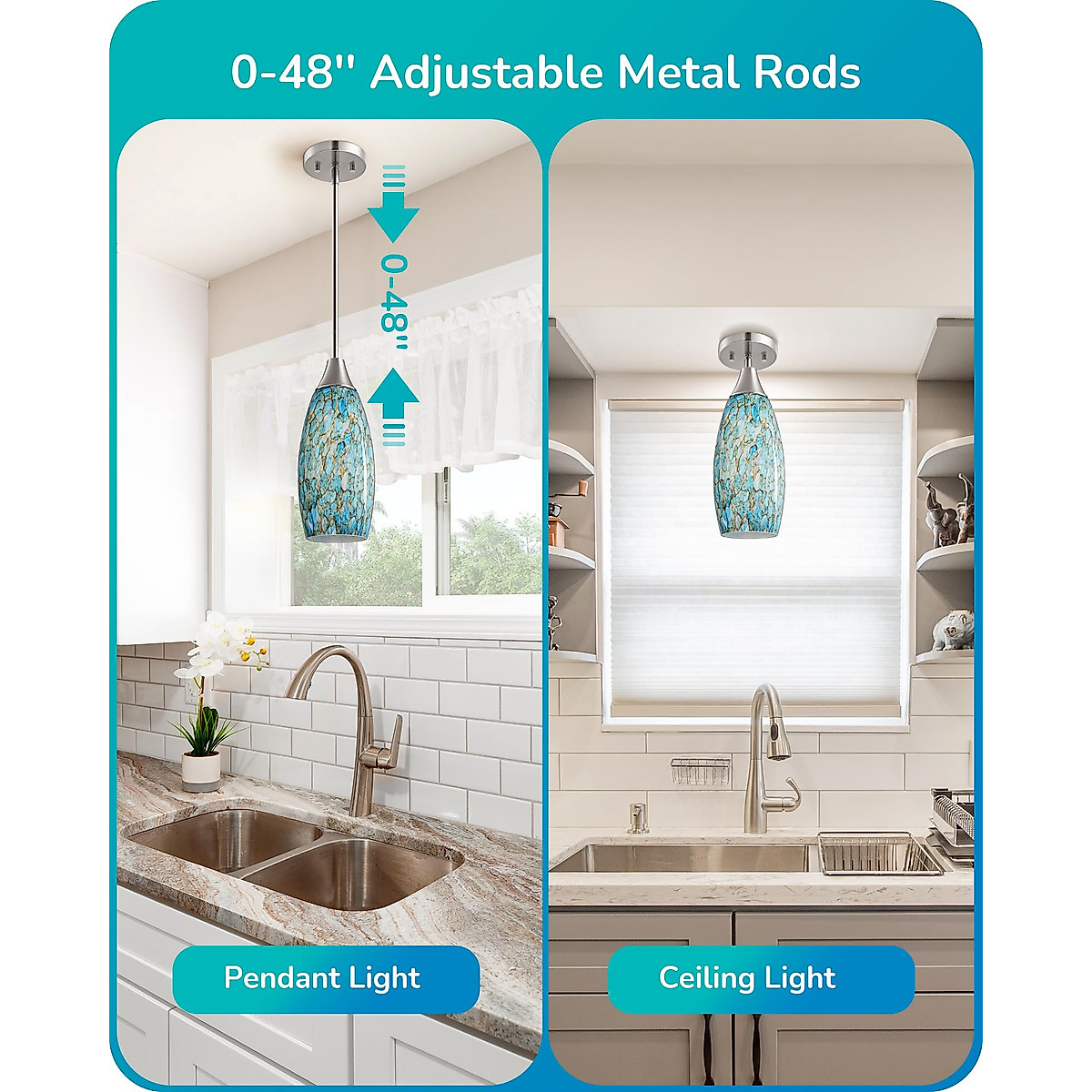 EDISHINE Pendant Light, Hand Blown Hanging Light Fixture, Adjustable Brushed Nickel Rods, Blue Glass Pendant Lighting for Kitchen Island, Sink, Bathroom, Dining Room