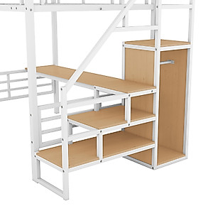Full Size Loft Bed with Desk and Stairs Metal Loft Bed with Storage Wardrobe and Shelves, Heavy-Duty High Loft Bed for Kids Teens Adults, White