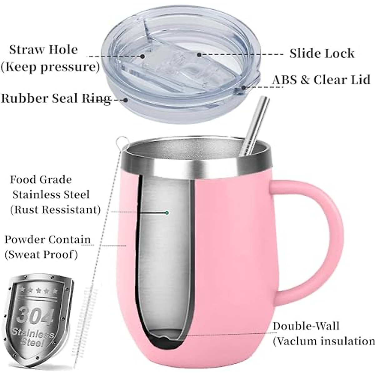 Stainless Steel Wine Tumblers 12oz,Triple Insulated Wine Glass Tumbler Stemless w/Lids,Straw and Cleaning Brush,Wine Glass Coffee Mug for Wine,Cocktails,Champaign,Spill Proof Ice Hot Drink Cup