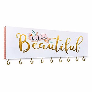 SANY DAYO HOME Hello Beautiful Wall Mount Necklace Holder Organizer with 9 Jewelry Hooks for Ring, Hair Bow, Headband, Purse - Wall Decor for Girls Room