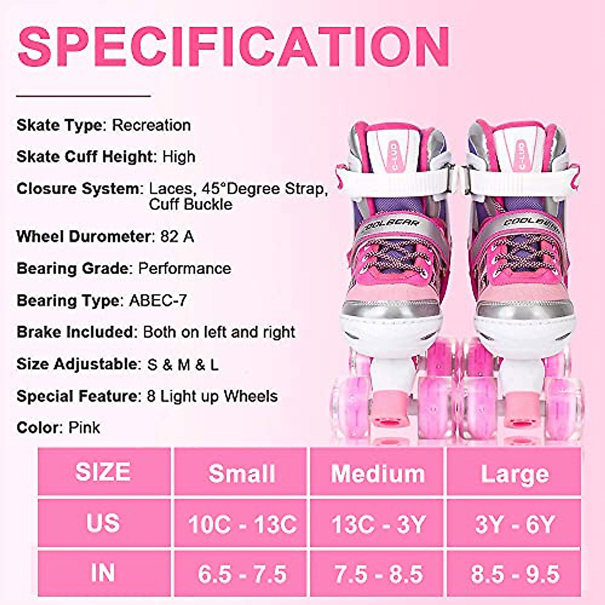Sowume Adjustable Kids Roller Skates for Girls and Women, All 8 Wheels of Girl's Skates Shine, Safe and Fun Illuminating for Beginner