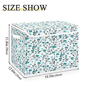 Kigai Storage Basket Blue Floral Storage Boxes with Lids and Handle, Large Storage Cube Bin Collapsible for Shelves Closet Bedroom Living Room, 16.5x12.6x11.8 In