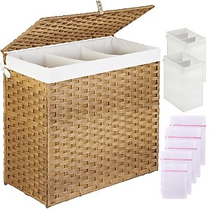 Greenstell Laundry Hamper with Lid, 125L Large Clothes Hamper with 3 Section & 2 Section Removable Liner Bags & 5 Mesh Laundry Bags, Handwoven Synthetic Rattan Divided Laundry Basket, Natural