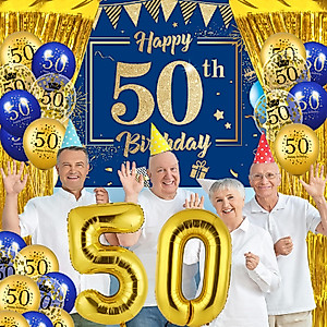 105Pcs Blue Gold 50th Birthday Decorations for Men Includes Navy Blue Happy 50th Birthday Banner 50th Birthday Balloons Gold Foil Fringe Curtains Tableware Set for 50th Birthday Party Supplies