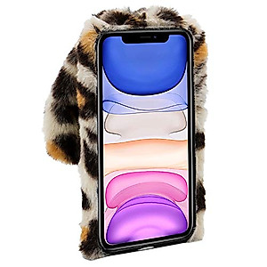 Rabbit Case for LG Stylo 6, LCHDA Cute 3D Bunny Ears Soft Furry Hairball Fuzzy Warm Winter Faux Fur Plush Fluffy Flexible TPU Bumper Women Girls Protective Skin Cover - Leopard Beige