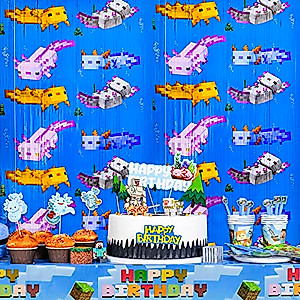 Bupelo Pixel Game Themed Party Supplies,2 Packs of Axolotl Tinsel Foil Fringe Curtains, Miner Themed Photo Booth Prop Backdrop Streamer, Axolotl Birthday Party Decorations, Room Decor for Kids