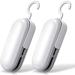 Mini Bag Sealer, Portable Sealing Bags Machine, Handheld Heat Food Vacuum Sealer Machine with Cutter and Hook for Snack, Plastic Bags, Storage, Potato Chip Cookie Bags (White-2pc)