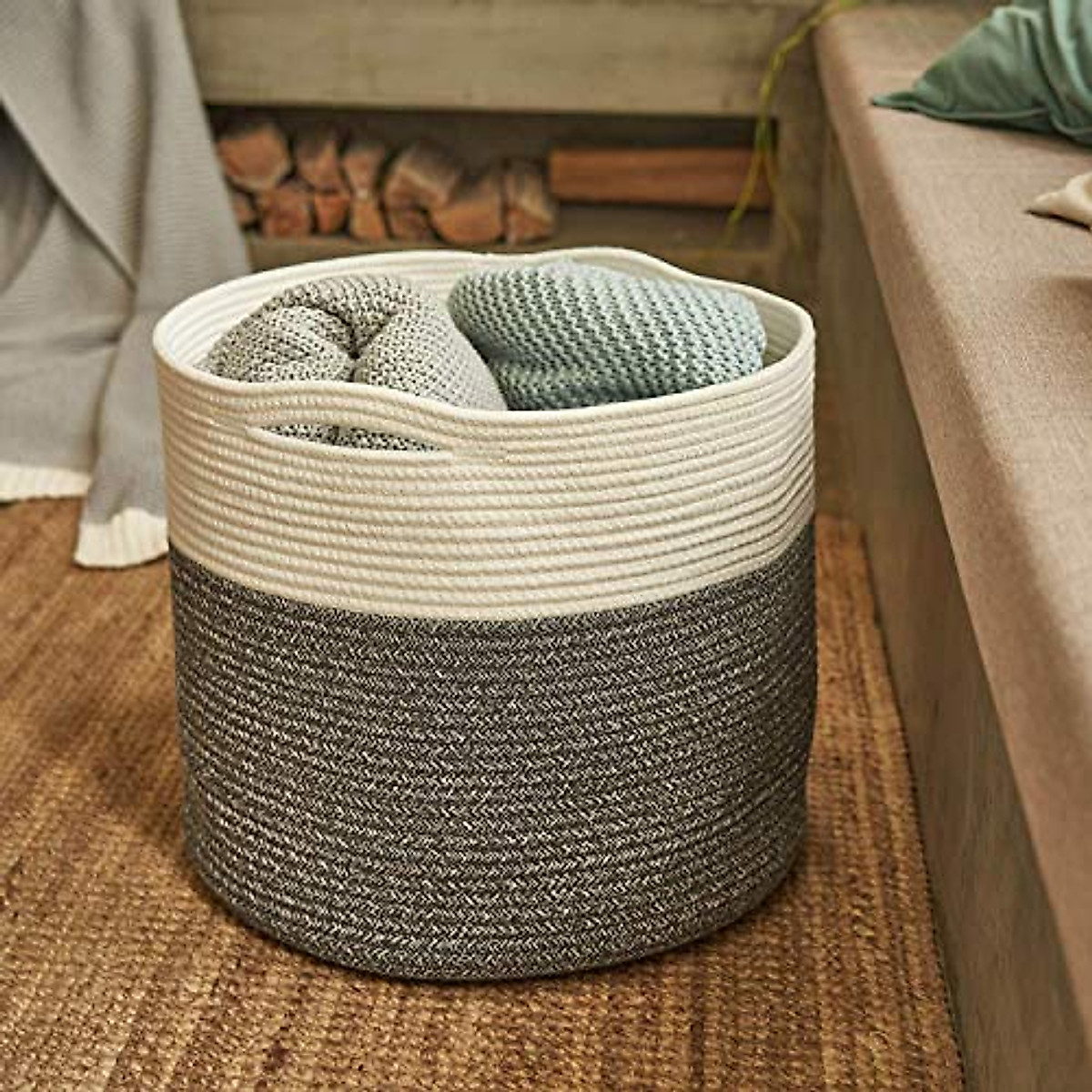 INDRESSME Large Grey Cotton Blanket Basket & XXXL Large Baby Laundry Basket Toys Storage Bin (Set of 2)