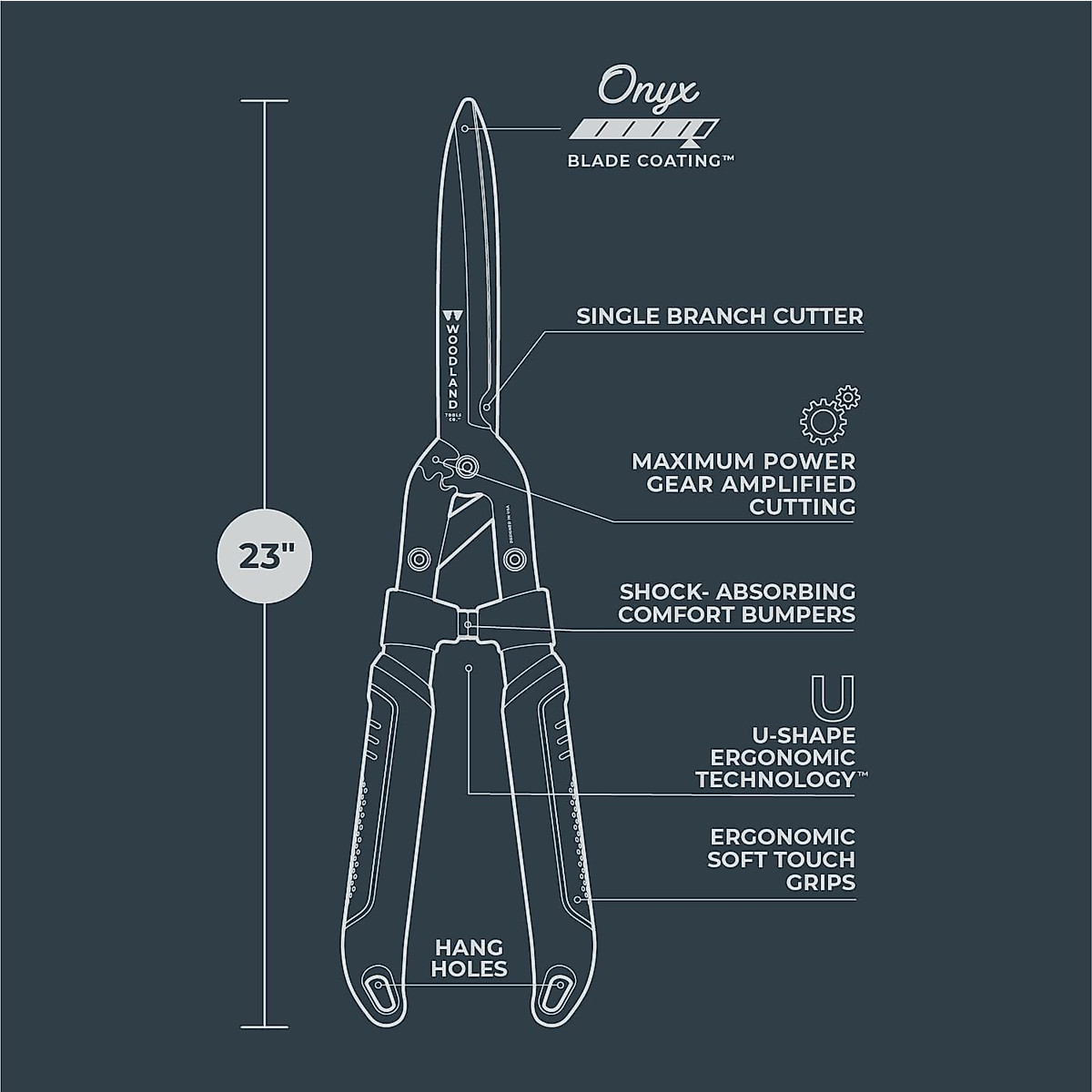 Woodland Tools Co. Super Duty MaxForce Hedge Shear – 23" High Carbon Steel Blades with Gear Amplified Cutting Power, Ergonomic U-Shape Design