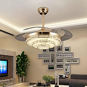 Lighting Groups 42 Inch Invisible Ceiling Fan with 3-Color Changing Light Remote Control Retractable Blades Fandelier for Living Room Dining Room Reversible Ceiling Fan with Indoor Lights (Gold D)
