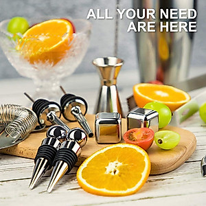 Wepikk Cocktail Shaker Set Mixology Bartender Kit 17 pcs Bamboo Stand Martini Whiskey Drink Mixer Vintage Cocktail Recipes and Whiskey Stones