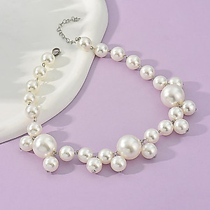 QJLE Stainless Steel Simulated Pearl Necklace for Women, 16.5+2'' Choker, High Lustre Round Beads, Silver Theme, Costume Jewelry Gift for Teen Girls