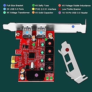 LTERIVER PCIE to 1X 19Pin USB 3.0 Header and 2X USB-A Ports, PCIE USB 3.0 5Gbps Expansion Card for Windows 11, 10, 8.1, 7, XP (32/64), Built Smart Power Control Technology (PCE-IN2EX2)