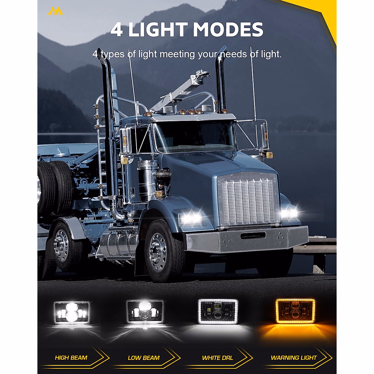 MAYELLO 4Pcs 4x6 LED Headlights DOT 60W Hi/Lo Sealed Beam Headlights Compatible with Peterbilt 379 Kenworth T800 T600 Freightinger Ford Probe Chevy Oldsmobile Cutlass H4651 H4652 H4656 H4666 H6545