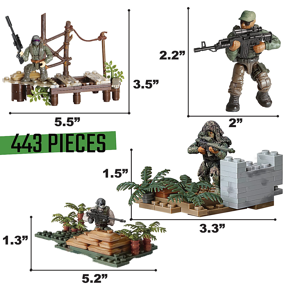 Special Forces US Military Mini Action Figures 3 Army Building Sets 9 soldiers Jungle Troopers Ghillie Suit Sniper Jungle Defence Squad Special Troops Toy10+ Kids & Parents Quality Family Time 443 Pcs