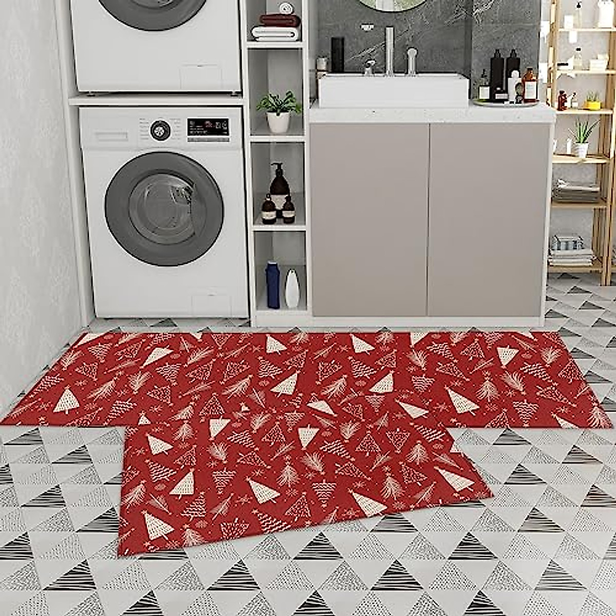 Libaoge Christmas Kitchen Rugs and Mats Set of 2 Xmas Tree Red Background Kitchen Sink Mat,Non-Slip Area Runner Rug,Washable Floor Mat for Home Dining Room Office 20"x32"+20"x63"