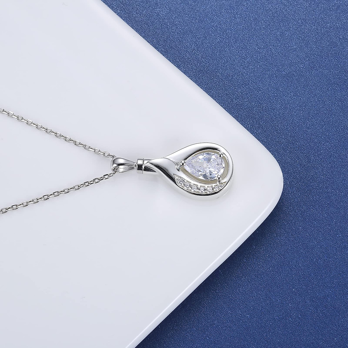 Teardrop Urn Necklace for Ashes - 925 Sterling Silver Blue Cremation Pendant Memorial Keepake Funeral Necklace Jewelry Gifts for Women Wife Mother (White)
