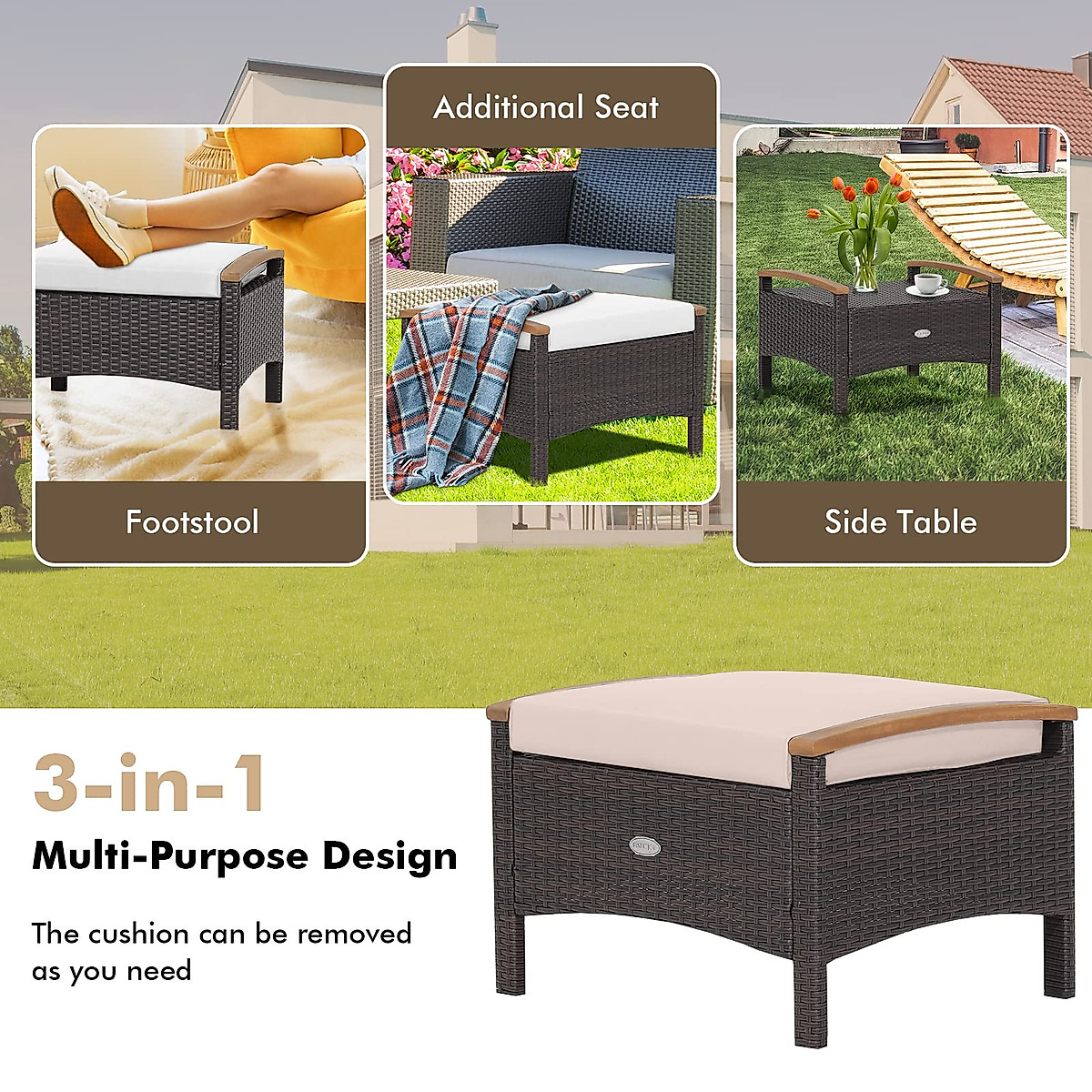 ORALNER Outdoor Ottoman, Set of 2 Rattan Footstools, All-Weather Wicker Foot Stools w/Removable Cushions, Patio Footrest Extra Seating for Porch, Poolside, Garden, Deck, Easy Assembly (Brown)