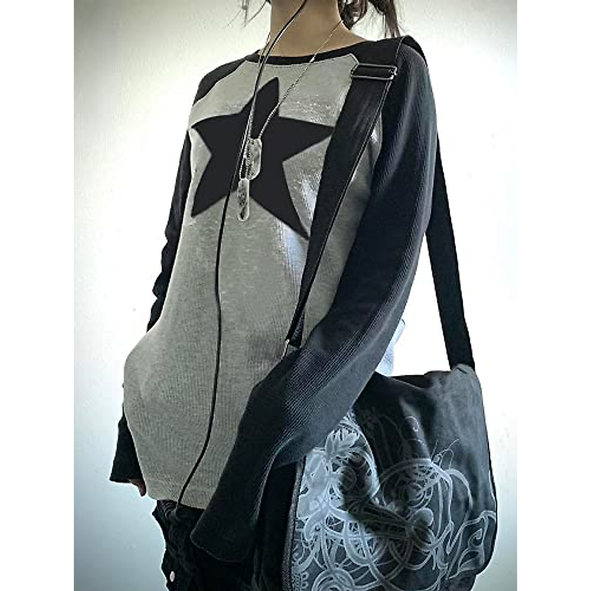 Pooyikoi Y2K Pullover T-Shirts Women Contrast Patchwork Grunge Harajuku Clothes Full Sleeve Preppy Long Sweats Tops (Style1,M,Medium)